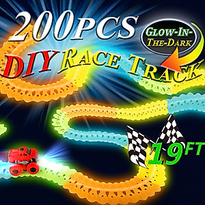 Race Car Track Toy for Kids, 200pcs Flexible Tracks of Glow in The Dark with 1 LED Light-Up Race Car for 3 4 5 6 7 Years Old Boys Girls Toddler, 19Ft Train Track Set Can be Build in Various Ways