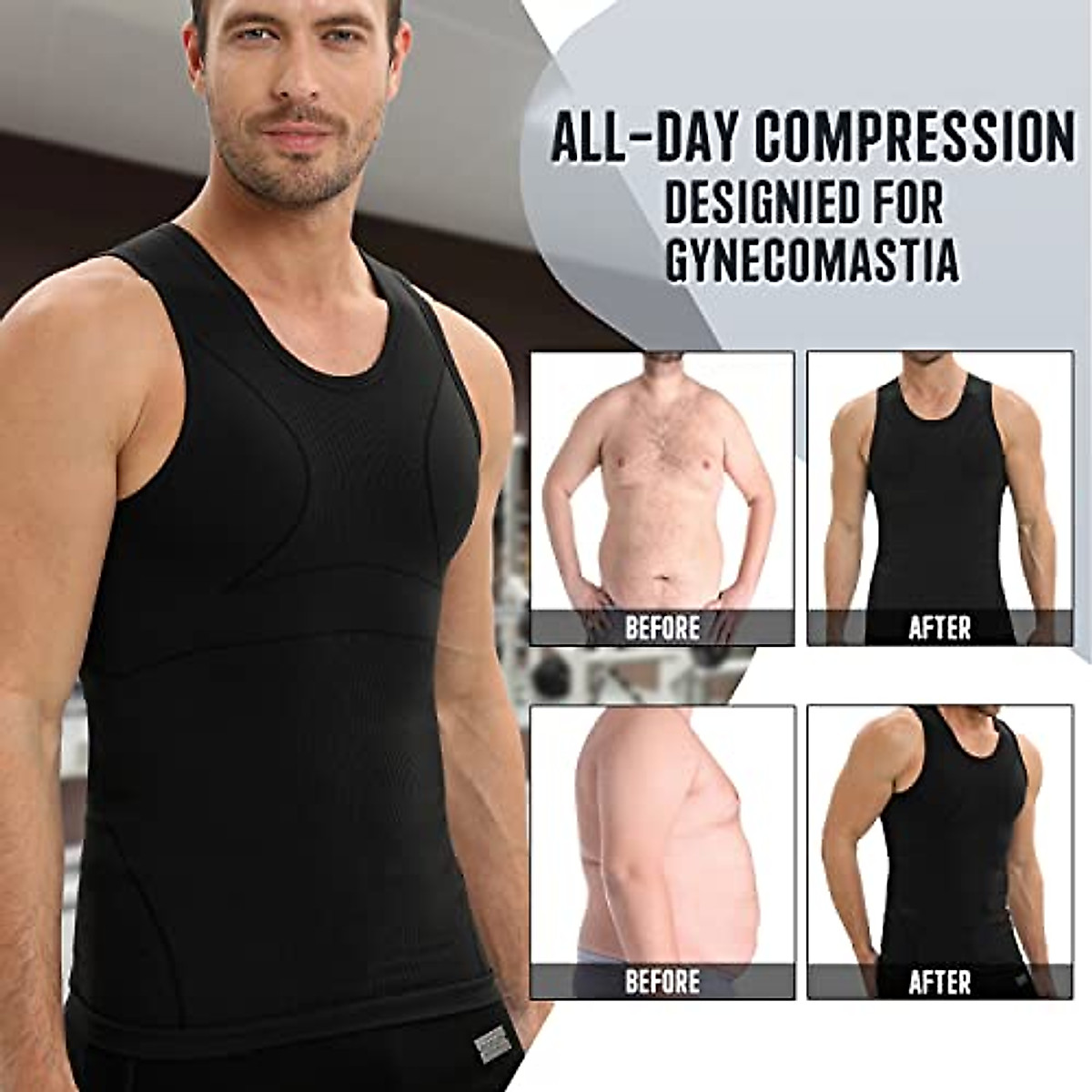 PODFAN Gynecomastia Compression Shirt for Men, Slimming Tank Top Undershirts, Mens Body Shaper Vest(Black,X-Large)