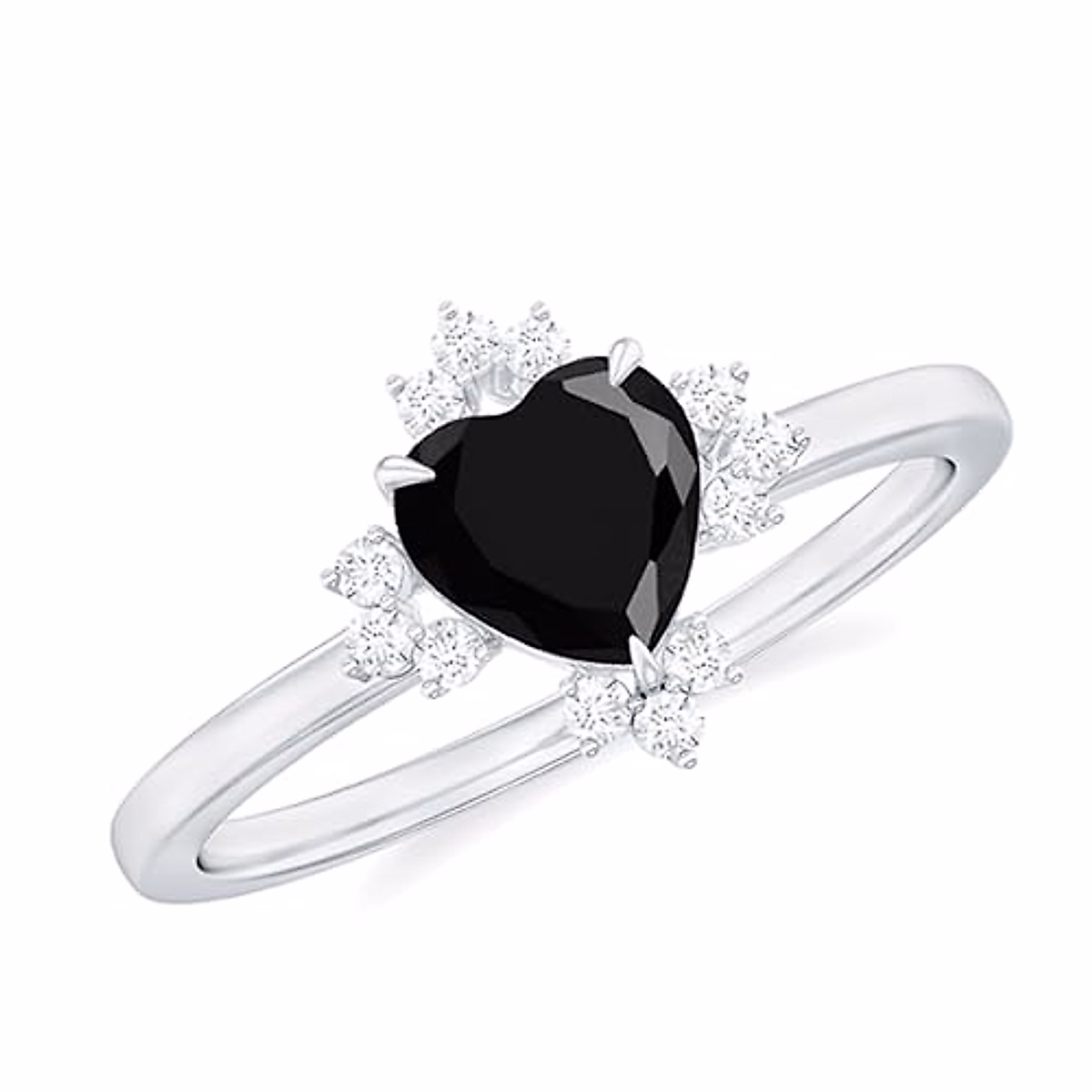 Certified Heart Shape Black Onyx Promise Ring with Diamond | AAA Quality | 6 MM Black Onyx | December Birthstone Ring, 14K White Gold, Size:US 6.00