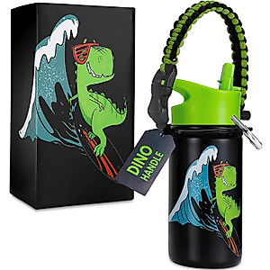 Dinosaur Water Bottle, 14 OZ, Leak Proof, 36 Hours Cold, Dishwasher Safe Lid, Removable Handle, Wide Mouth Double Wall Vacuum Insulated Stainless Steel Water Bottle For School, Straw, Bottle For Boys