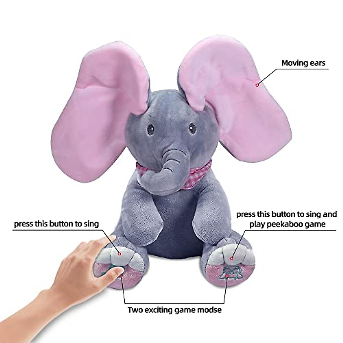 OMGOD Peek a Boo Elephant Stuffed Animals, Plush Toy for Baby Girls Hide-and-Seek Game Toy Singing Interactive Musical Toys, Great Gift for 6 Month 1+ Year Girls Moving Ears Bear Doll-12