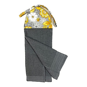 White and Yellow Flowers on Grey Gray Ties On Stays Put Kitchen Hanging Loop Hand Dish Towel