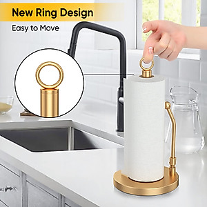 Paper Towel Holder Stainless Steel - One Hand Tear Paper Towel Dispenser Standing Weighted Base Non Slip, Spring Arm, Stainless Steel Paper Towel fits in Kitchen Bathroom Countertop (Gold)