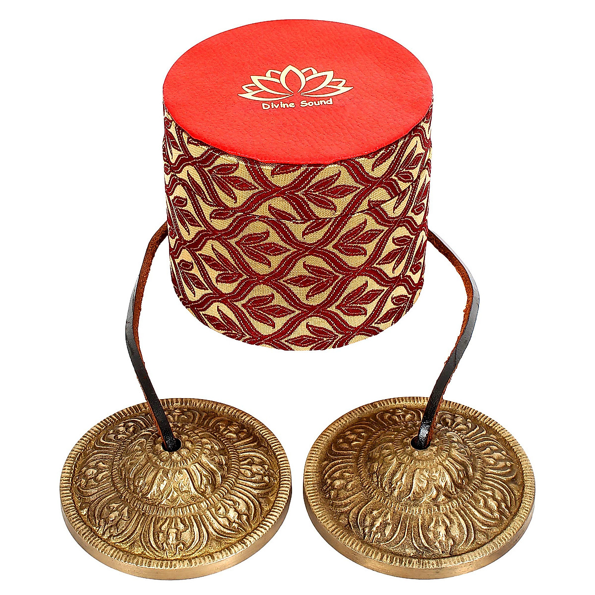 Divine Sound Tingsha Cymbals -Holy Buddha Lotus Symbol engraved Beautiful Gift Box for Meditation,Pray,Yoga,Sound healing, 7.6cm / 3" Nepal Tingsha Bell with Lather Strap Brass