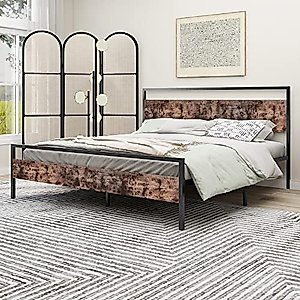 alazyhome Modern Industrial King Size Bed Frame Metal Platform with Rustic Wooden Headboard and Footboard, No Box Spring Needed, Noise Free, Easy Assembly Black
