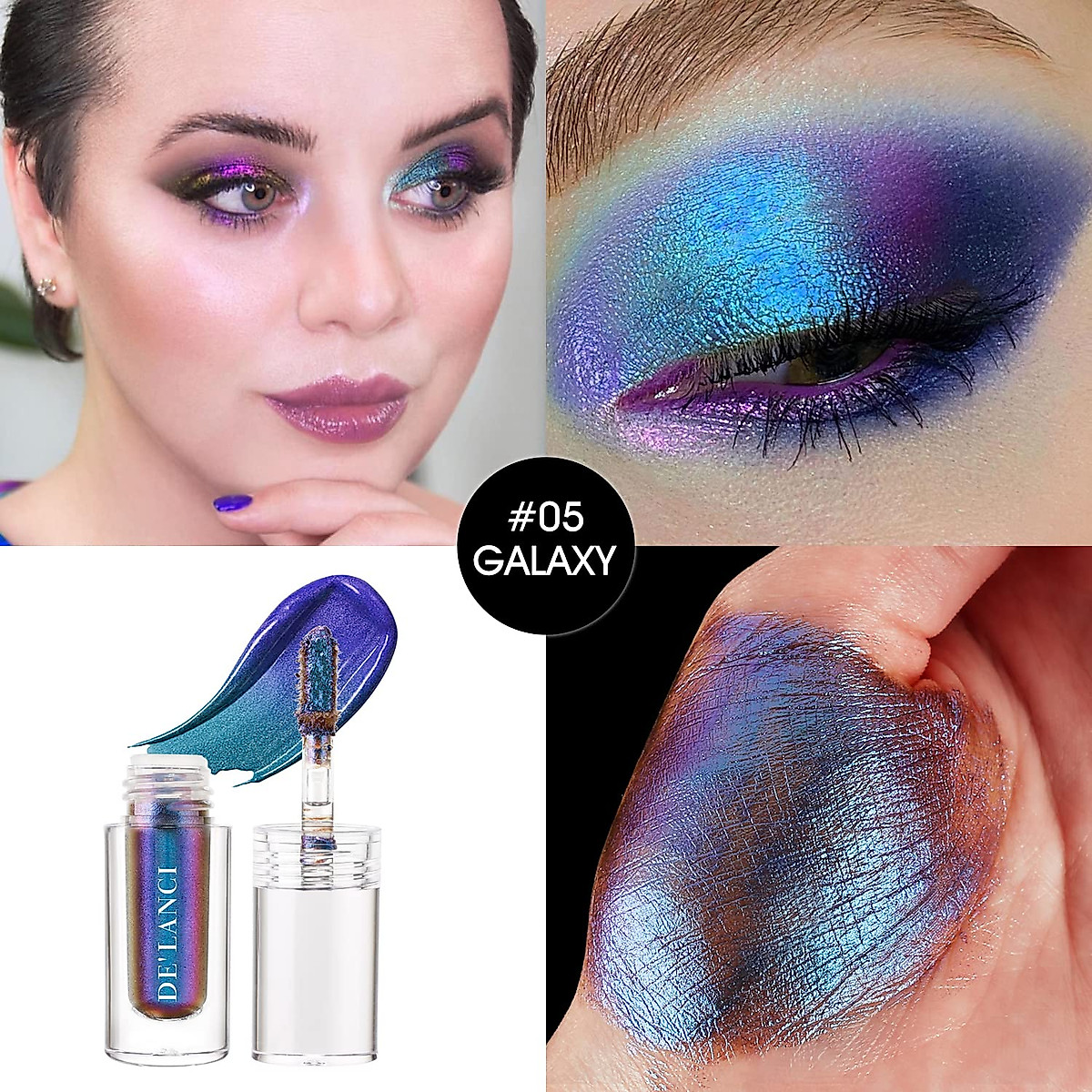 Liquid Glitter Eyeshadow, Chameleon Multichrome Purple Blue Holographic Eye Shadow, Intense Color Shifting Metallic Finish Eye Makeup, Long Lasting No Creasing Sparkle Eyeshadow, #05 GALAXY