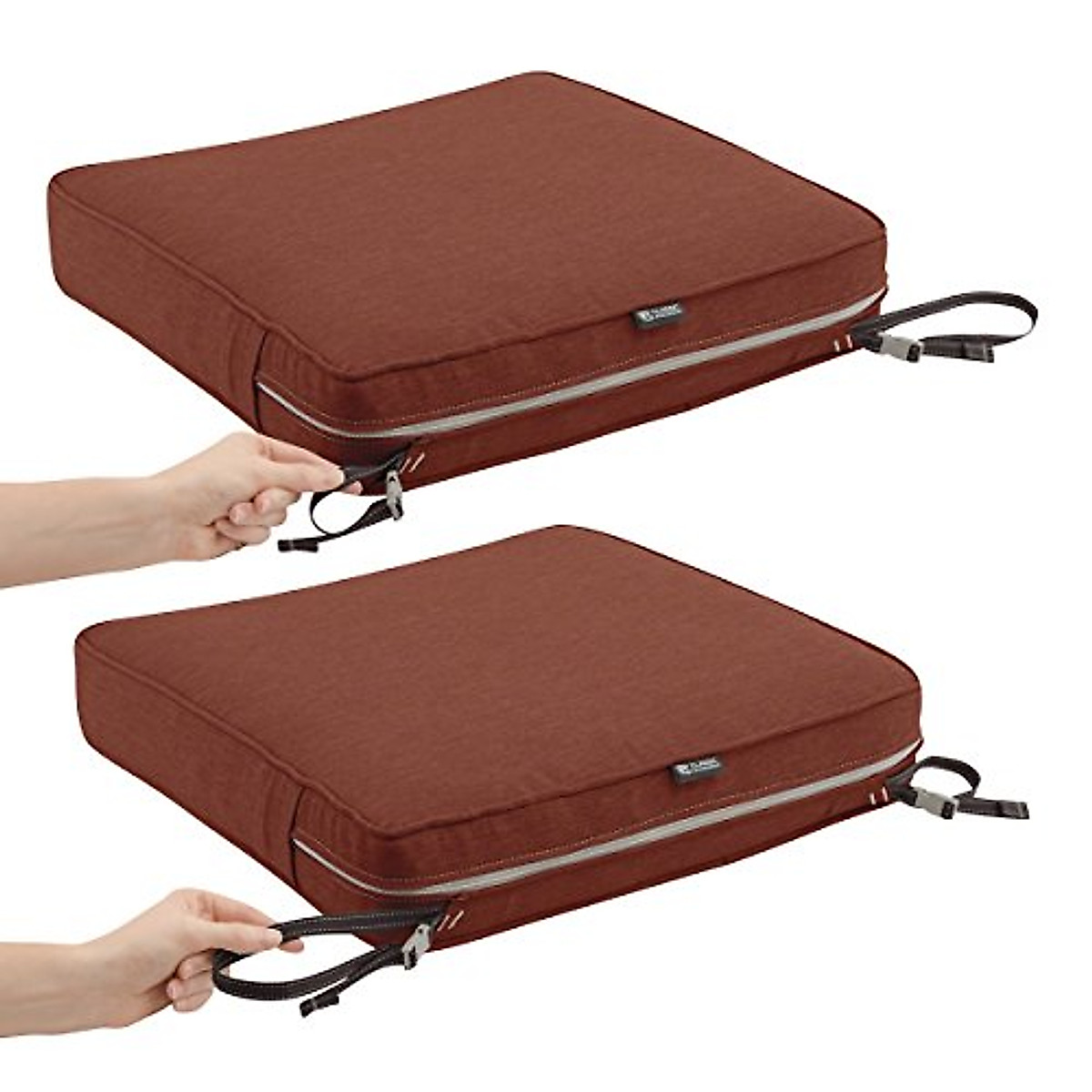 Classic Accessories Montlake Water-Resistant 21 x 19 x 3 Inch Rectangle Outdoor Seat Cushion, Patio Furniture Chair Cushion, Heather Henna Red, Outdoor Cushion Cover