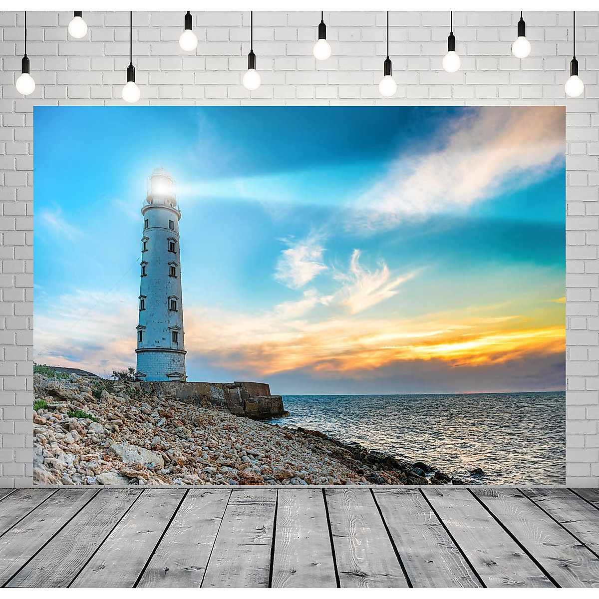 BELECO 7x5ft Fabric Seaside Lighthouse Backdrop for Photography Lighthouse Searchlight Beam Sunset Seascape Scenery Background Nautical Party Decorations Studio Booth Photo Props