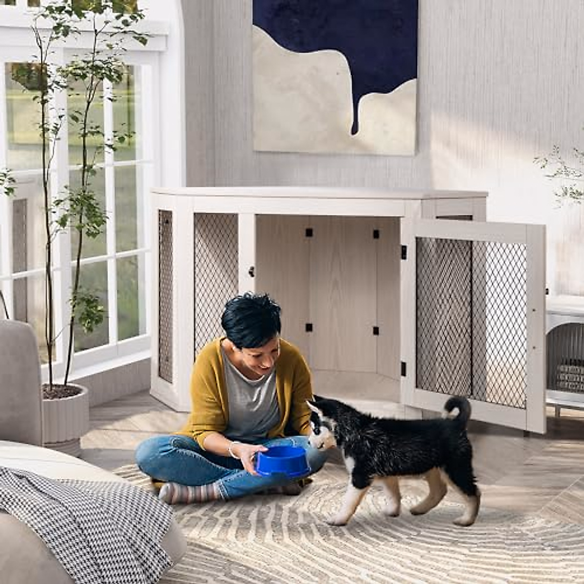 VITESSE Corner Dog Crate 44/52inch, Wooden Dog Crate Furniture for Medium Dogs, Durable Dog Kennel Indoor End Table, Decorative Puppy Kennel with Sturdy Mesh, Heavy-Duty Pet House with Portable Switch