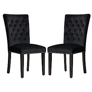 Restworld Velvet Fabric Dining Chair Set of 2 with Button & Nailhead Decoration, Tufted Upholstered Chair for Bedroom & Dining Room, Modern Luxury Style Solid Wood Legs (Black)