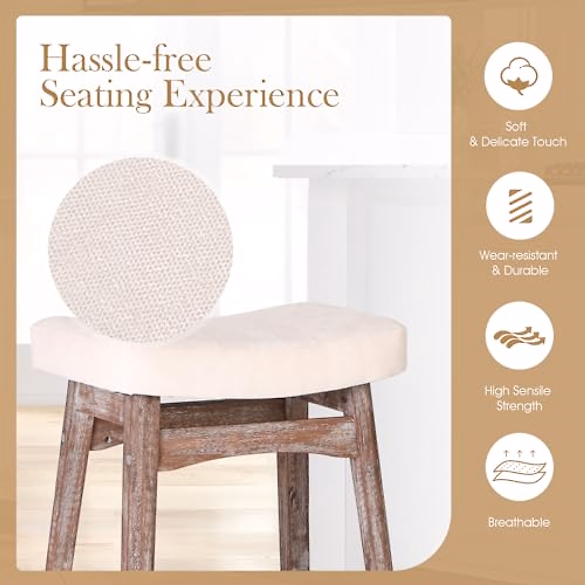 Sophia & William White Bar Stools Set of 2, Counter Height Modern Bar Stools with Linen Fabric Seat & Solid Wood Legs, 24 inch Bar Chairs