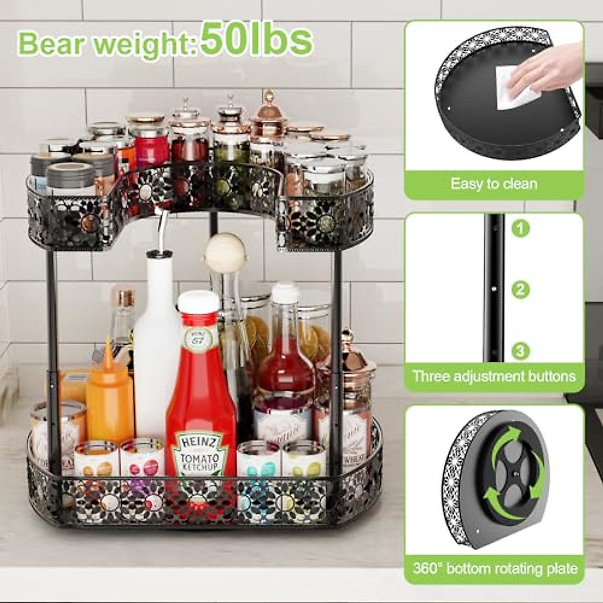 JBBTOOL 2 Tier Lazy Susan Organizer, Metal Turntable Spice Rack, 12-inch Adjustable Rotating Lazy Susan for Cabinet Pantry Kitchen Countertop Dining Table Cupboard Vanity Storage Bathroom