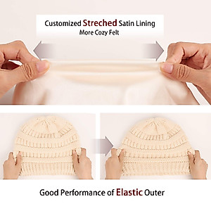 Winter Knit Beanie for Women Satin Lined Cable Thick Chunky Cap Mens Soft Lined Slouchy Warm Hat Beige