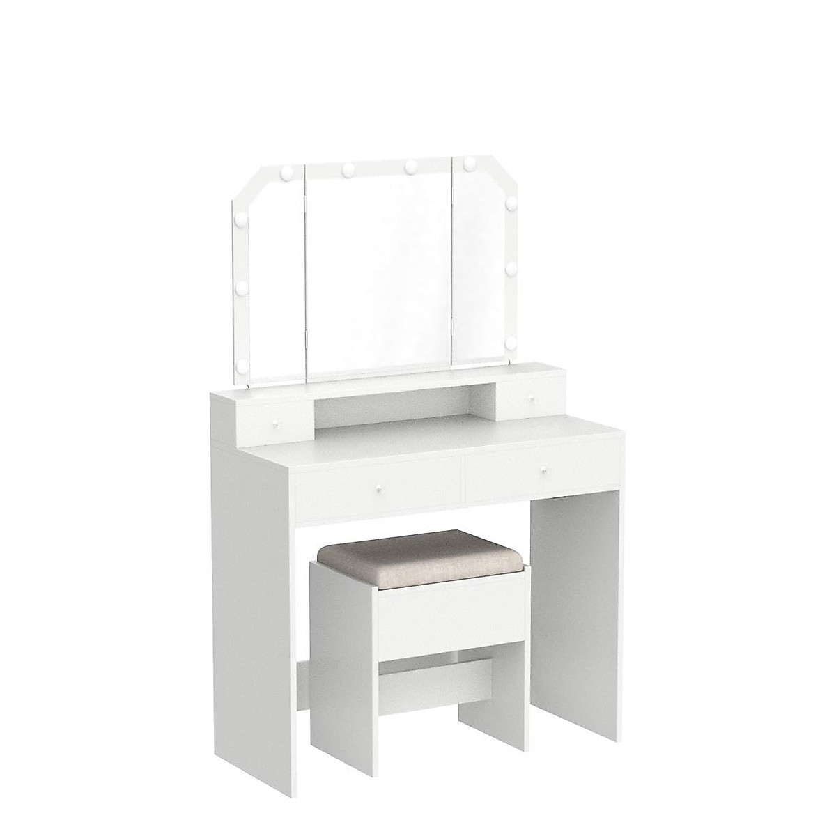 Quimoo Vanity Desk Set with LED Tri-Fold Lighted Mirror & Power Outlet, Makeup Vanity Table with 4 Drawers, Cushioned Stool, for Bedroom, Bathroom, White