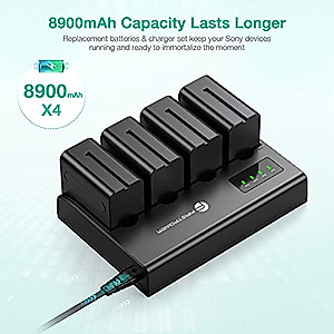 FirstPower 4 Pack NP-F970 Batteries and 4-Channel Charger Compatible with Sony NP F970, F960, F950, F930, F770, F750, F570, F550, F530, F330 and Sony Handycams, Field Monitor, Video Light
