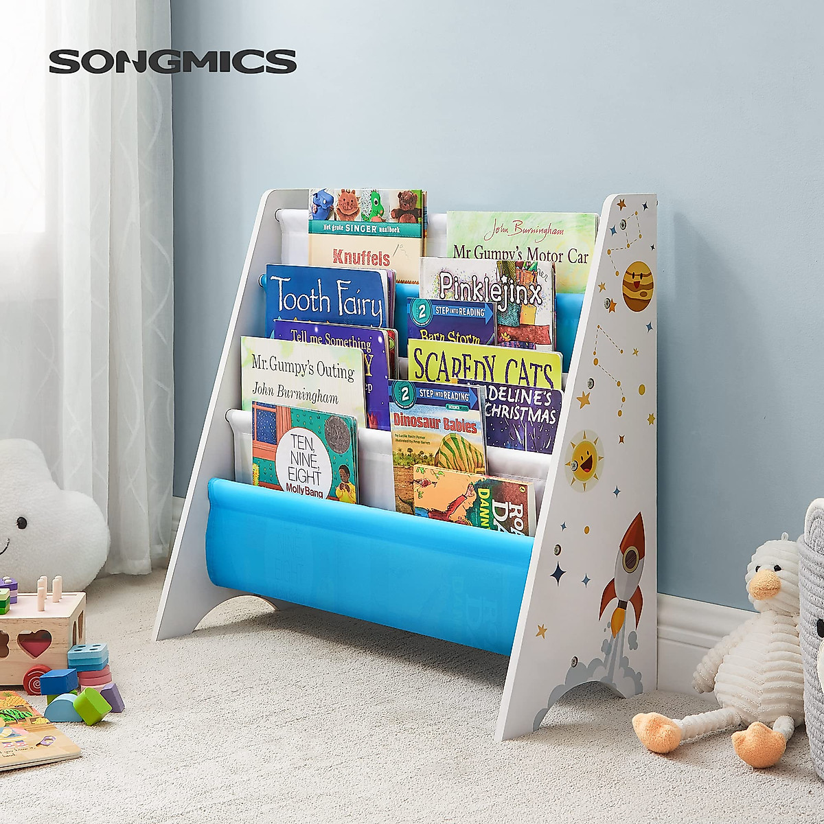 SONGMICS Kids’ Bookcase, Book Organizer, with Anti-Tip Kit, Storage Shelf for Children's Room, Playroom, School, Space-Saving Design, White, Blue and Gray UGKR72WT 11D x 24.6W x 23.6H in