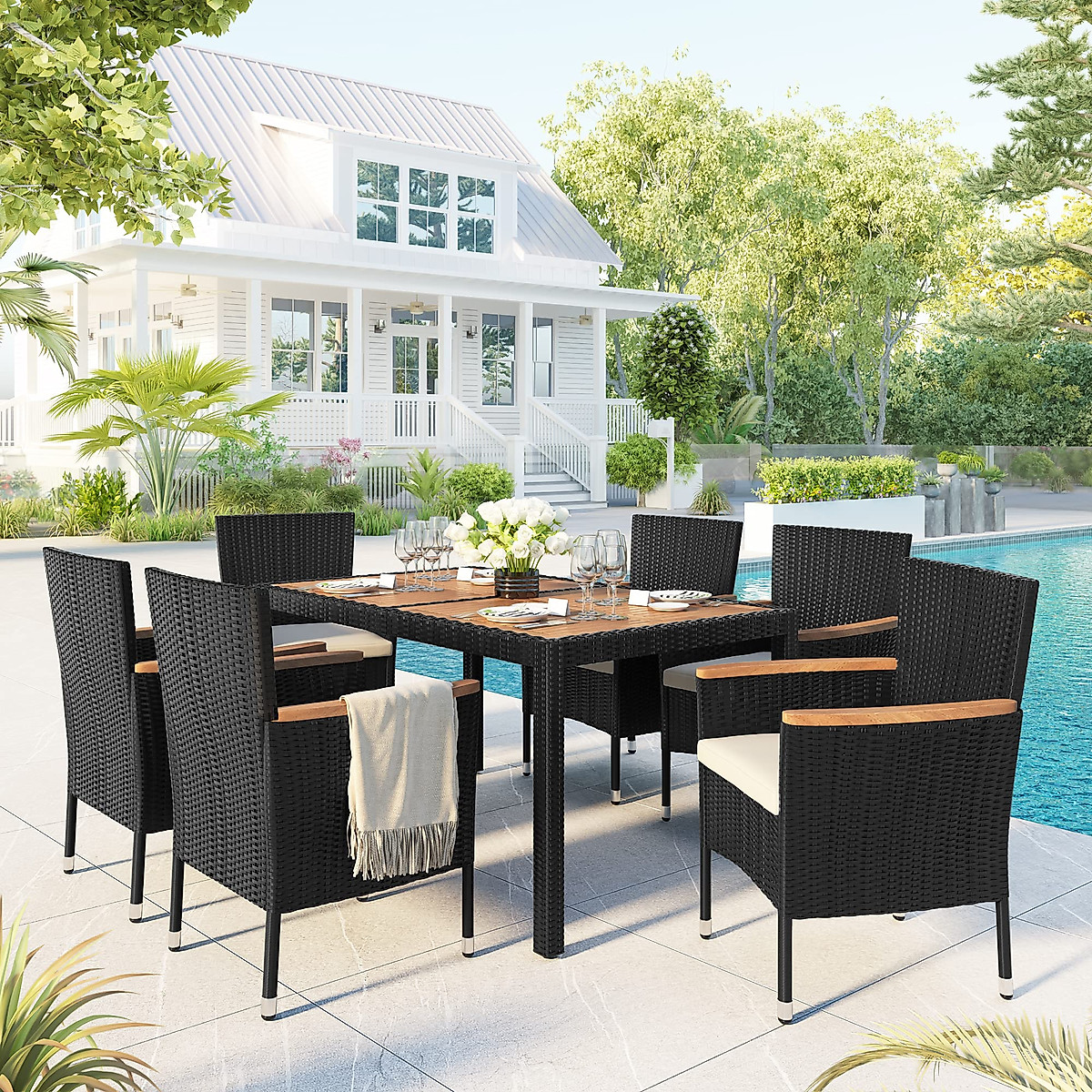 Aiuyesuo 7-Piece Outdoor Patio Dining Set, Garden PE Rattan Wicker Dining Table and Chairs Set, Acacia Wood Tabletop, Stackable Armrest Chairs with Cushions for Backyards Porches Poolside (Brown-13)
