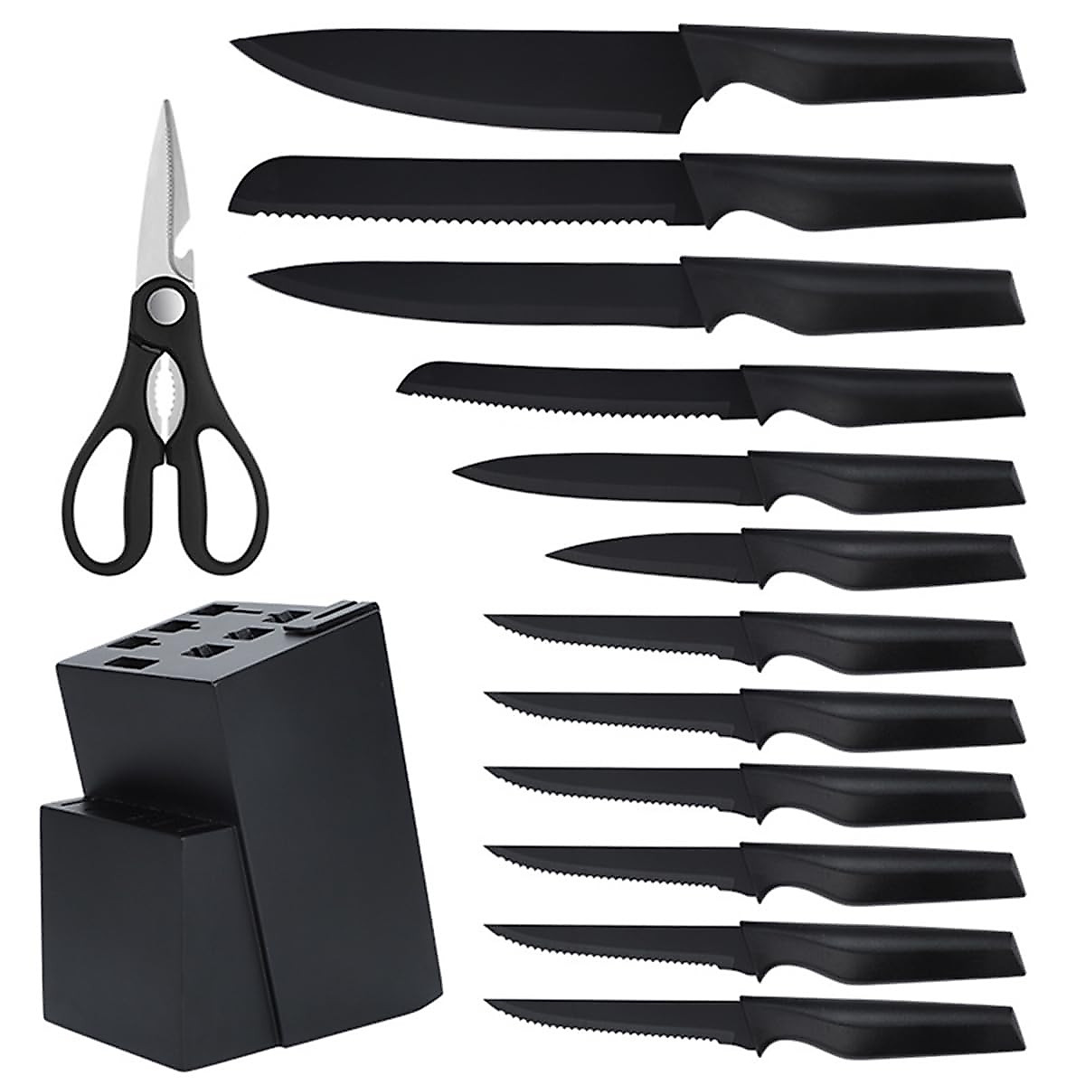 Knife Set, 14 Pieces Kitchen Knife Set with Built-in Sharpener Block, Self Sharpening Knives Sets, Stainless Steel Knife Block Set, Black