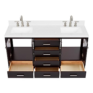 ARIEL Cambridge 66" Espresso Double Vanity, 1.5" Edge Carrara White Quartz Countertop & Splash, Rectangular Sinks, 4 Soft Closing Doors, 6 Full Extension Dovetail Drawers, Brushed Nickel
