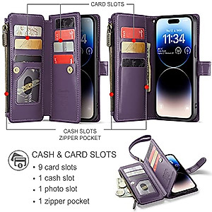 CaseMe iPhone 14 Pro Max Wallet Case, iPhone 14 Pro Max Case with Card Holder, iPhone 14 Pro Max Leather Case for Women Men, Premium iPhone 14 Pro Max Case with Kickstand Strap Zipper, Purple