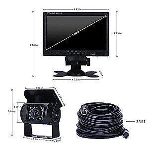 Camecho Vehicle Backup Camera 7" Monitor,18 IR Night Vision Rear View Camera Without Guide Line IP 68 Waterproof, 4 Pins Aviation Extension Cable for 33FT Length RVs, Bus, Trailer,Truck