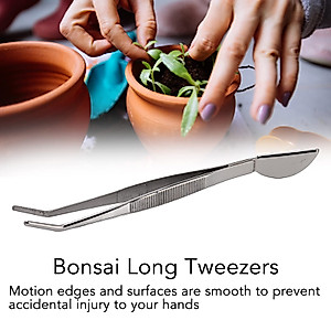 TOPINCN Bonsai Tweezers, Stainless Steel Long Plant Tweezers with Moon Spatula Head, Home Garden Potted Loosening Soil Plan Grass (Bent)