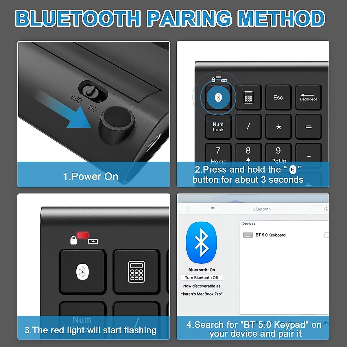 Bluetooth Number Pad Wireless & Wired 10 Key USB Keypad, Rechargeable Numpad for Laptops, Desktop, Computers Accessories Compatible with MacBook iPads ChromeBook EliteBook Notebook etc.