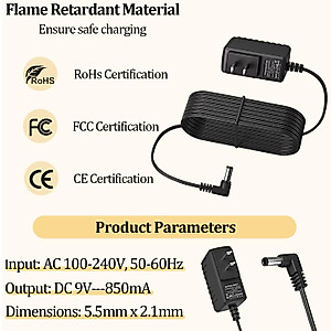 9V 850mA Adapter for Guitar Pedals Power Supply, Power Cord for BOSS Effects Pedal Roland Musical Instruments Distortion Casio Keyboard Charger, PSA-120S Center Negative Charging Cable Cord