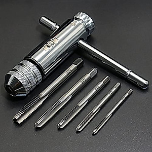 KOOTANS Ratchet T Handle Tap Wrench + 5pcs M3 M4 M5 M6 M8 Machine Screw Metric Thread Milling Plug T-shape Taps Set, Both Way Hand Tap Set Adjustable Manual Tapping Tool Kit for Home Use (Short)