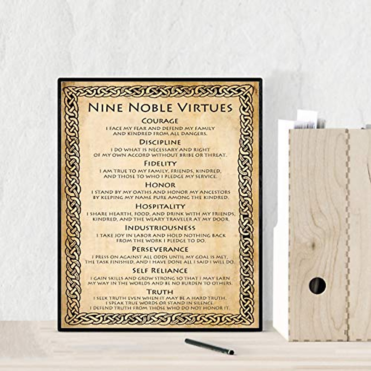 "9 Noble Virtues & Affirmations-Courage-Discipline-Honor"-Wall Art-8 x 10" Print Wall Decor-Ready to Frame. Parchment Print for Home-Office Decor. Timeless Truths To Teach -w/Endless Knot Design.