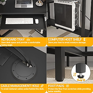 Cyclysio Small Corner Desk with Hutch, Corner Gaming Desk with LED Light & Power Outlets, Computer Desk with Keyboard Tray, Triangel Desk for Small Space, Home Office, Workstation, Black