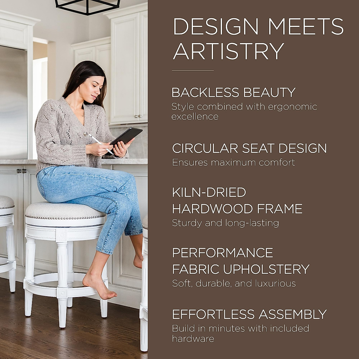 Maven Lane Pullman 26 Inch Tall Backless Alabaster White Finish Counter Height Upholstered Barstool with Cream Fabric Cushion Seat