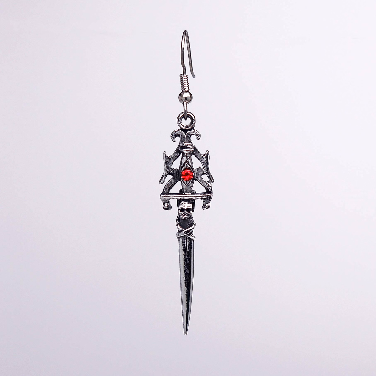 Gothic Skull Dagger Medieval Renaissance Dangle Earrings with Red Austrian Crystals
