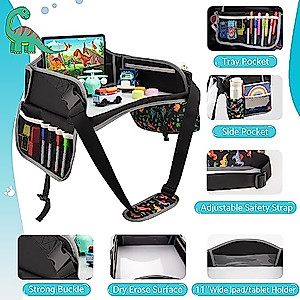 Blissful Diary Kids Travel Tray for Toddler Car Seat, Car Seat Tray for Road Trip, Road Trip Essentials Car Tray with Drawing Kit, Markers Desk Organizer for Car Airplane Travel Activities (Dinosaur)