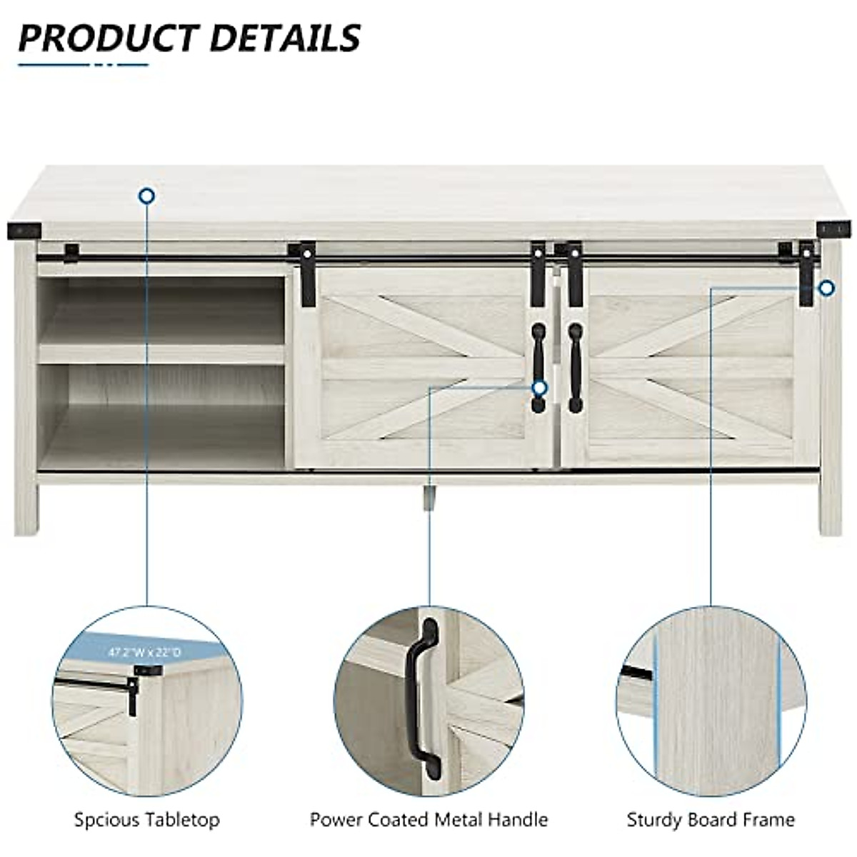 HOMFAMILIA Farmhouse Coffee Table with Sliding Barn Doors & Storage, White Rustic Wooden Center Rectangular Tables w/Adjustable Cabinet Shelves, for Bedroom, Home Office, Living Room