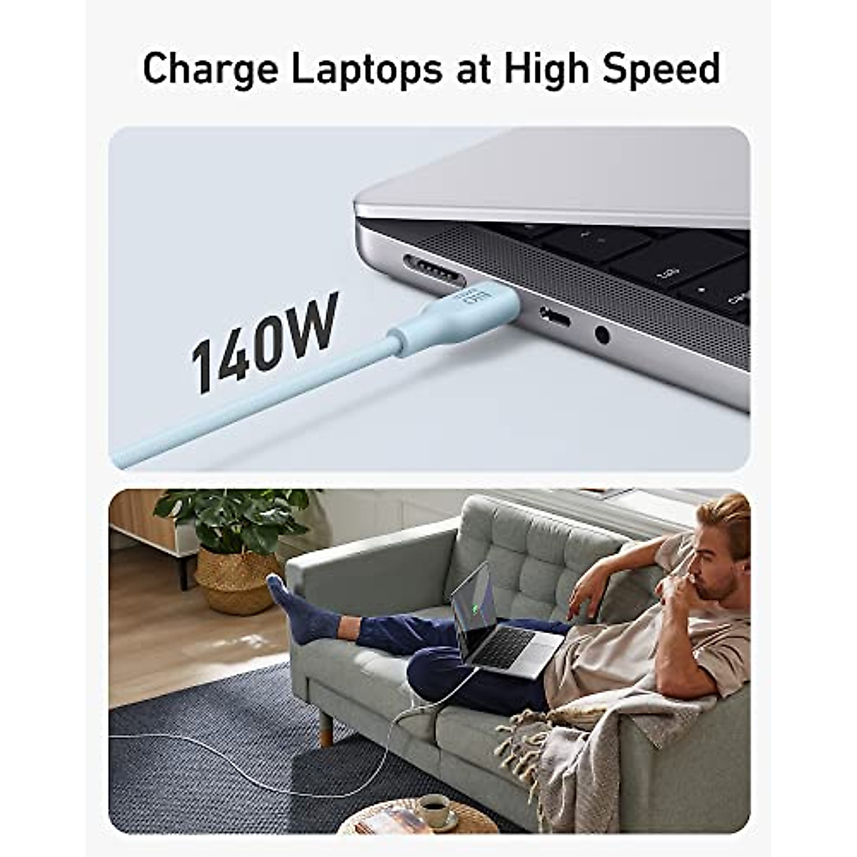 Anker 543 USB C to USB C Cable (140W 6ft), USB 2.0 Bio-Based Charging Cable for MacBook Pro 2020, iPad Pro 2020, iPad Air 4, Samsung Galaxy S21, and More (Misty Blue)