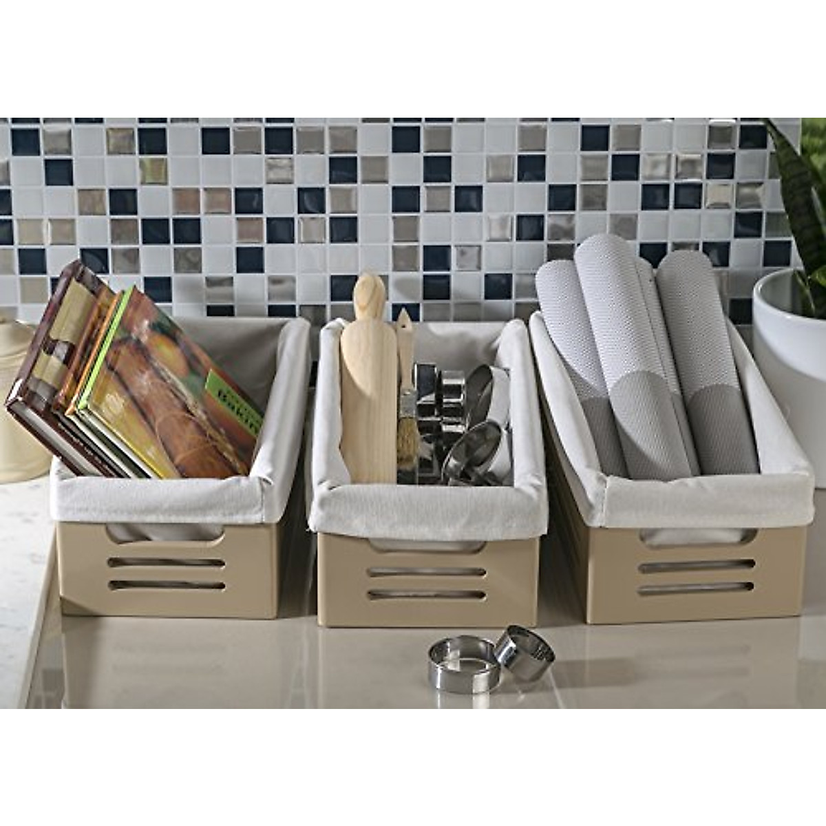 Creative Scents Wooden Storage Bin Container - Decorative Toilet Tank Storage Basket - Closet and Shelf Basket Bathroom Organizer Lined with Machine Washable Soft Linen Fabric - Tan, Extra Small