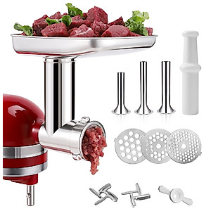KINGEAGLE Food Grinder Attachment for KitchenAid Mixers,Stainless Steel Dishwasher Safe Meat Mincer Accessories Set Included 3 Sausage Stuffer Tubes