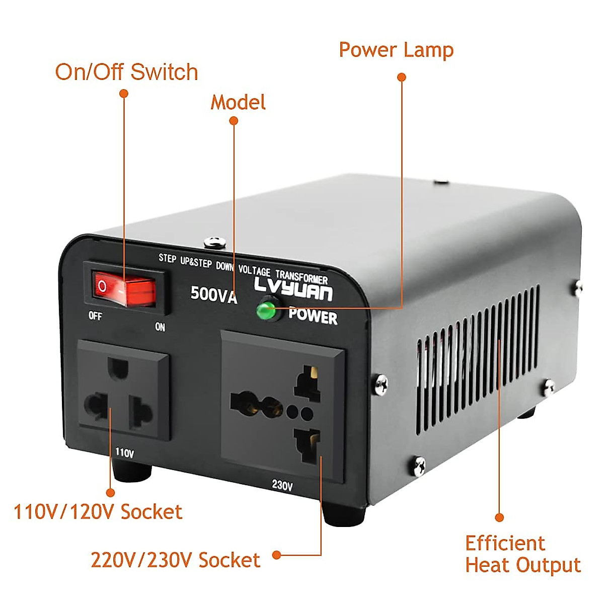 LVYUAN Voltage Transformer Converter 500 Watt Step Up/Down Convert from 110-120 Volt to 220-240 Volt and from 220-240 Volt to 110-120 Volt with US Outlet, Universal Outlet, Circuit Breaker