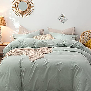 MooMee Bedding Duvet Cover Set 100% Washed Cotton Linen Like Textured Breathable Durable Soft Comfy (Sage Green, Queen)