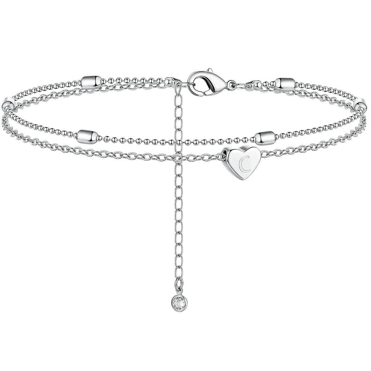 Moodear Silver C Initial Ankle Bracelets for Women - Waterproof Layered Sterling Silver Anklets Dainty Heart Charm Letter Anklet for Her