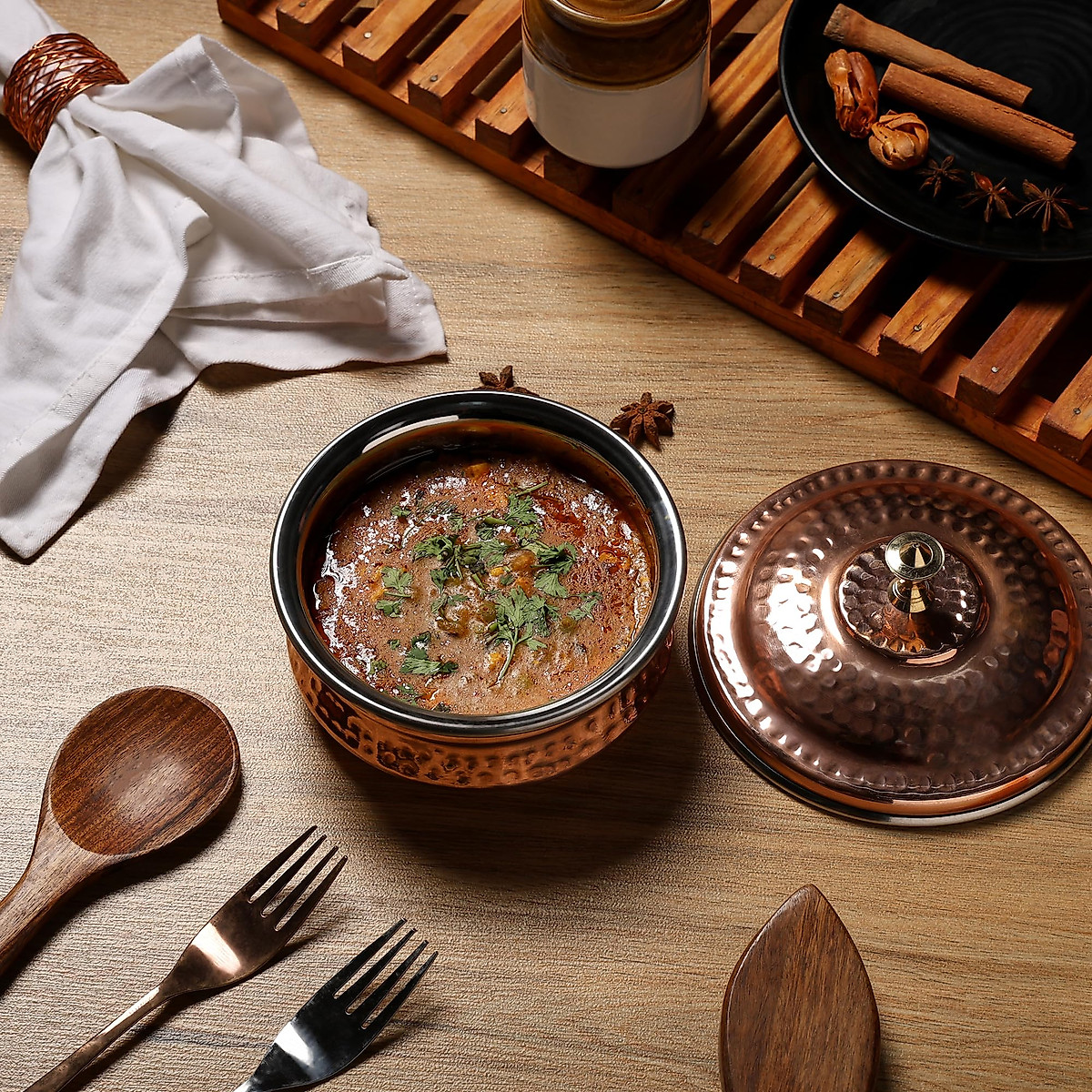 Zap Impex Set of 2, Copper Tableware Serving Bowl Indian Serveware Handi Set, Tureen Copper Stainless Steel Serving Dishes For Serving your favourite Dish with a Traditional Touch (No: 2 (15 cm))