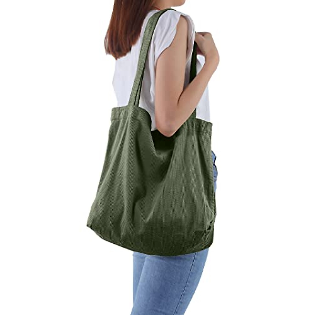 ALUWU Corduroy Tote Bag for Women Girl Casual Work Canvas Shoulder Handbags Cute Large Purse Light Green