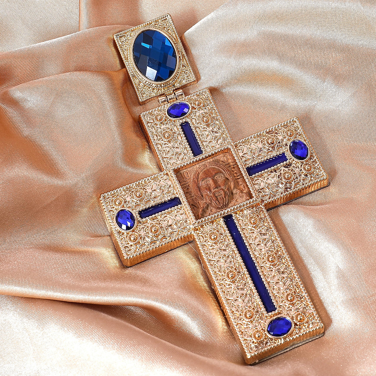 Nazareth Store Pectoral Cross Wooden Jesus Face Crucifix Pendant Icon Blue Crystallized Stones Elements Christian Priest Bishop Necklace 23"