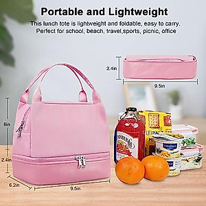DiiCCi Pink Lunch Box Bag for Women,Double Deck Insulated Lunch Bags for Adult,Small Cute Lunch Bag Tote Bag for Work,Reusable Leakproof Lunch Cooler Bag for Travel Office Picnic Hiking
