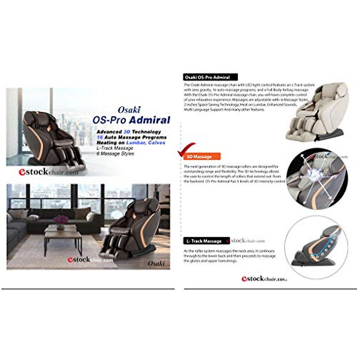 Osaki Os-Pro Admiral G Massage Chair With LED Light Control In Grey, Advanced 3D Technology, Auto Body Scan, L-Track Massage, Space Saving Technology, Zero Gravity Mode, 6 Massage Styles