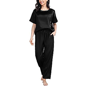 SWOMOG Silk Pajama Set for Women Two Piece Satin Short Sleeve and Long Pant Pajama Set Summer Sleepwear Silk Pj Sets Black S