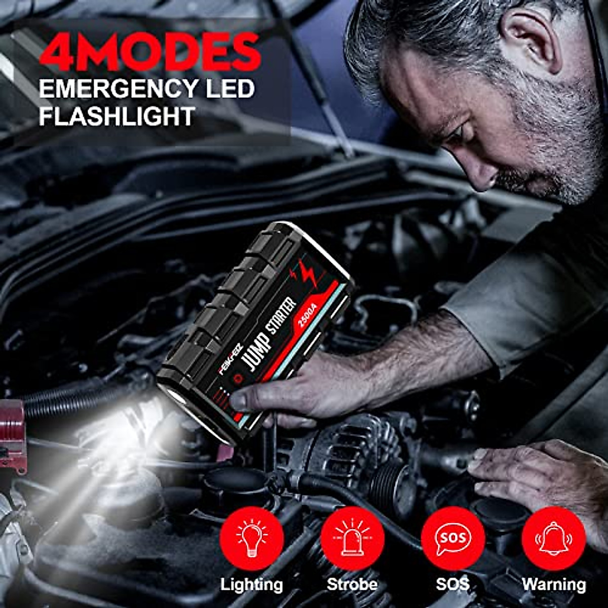 FEIKFEIZ Car Jump Starter, 2500A Peak 22800mAh 12V Car Battery Starter(Up to All Gas, 8.0L Diesel Engine), with USB Quick Charge 3.0,LED Light.