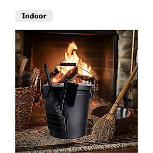 vensovo 5 Gallon Ash Bucket with Lid - Shovel, Broom, and Gloves, Heavy Duty Galvanized Iron, Fire-Resistant, Black Finish Perfect for Fireplaces, Fire Pits, Wood-Burning Stoves, and Grills