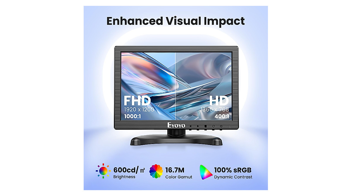 Eyoyo 10-inch HDMI LCD Monitor 1920x1200 IPS Display for CCTV & PC